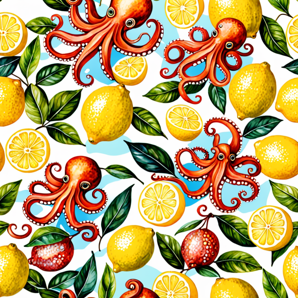octopus wrapping lemon fruit, lemon slice, lemon leaf, water colour ...