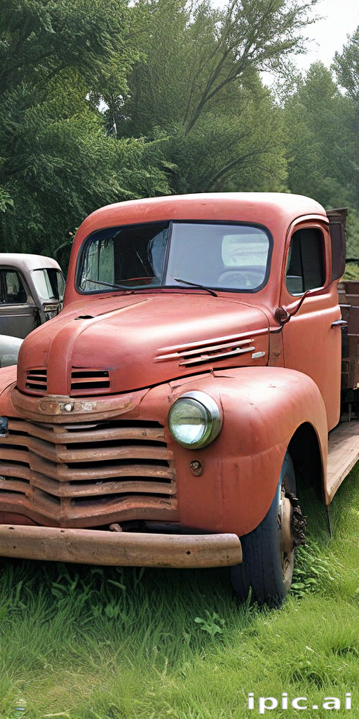 Vintage Pickup Truck Surrounded by Lush Greenery in a Scenic Setting.