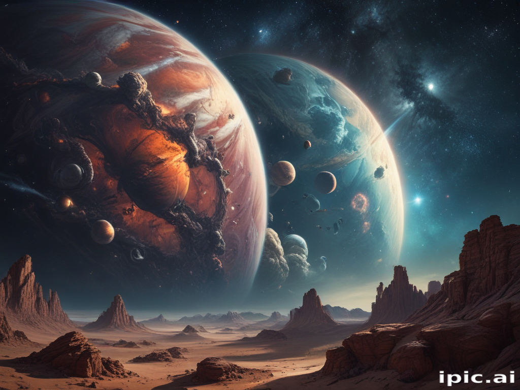 Stunning Cosmic Landscape Featuring Planets and Rocky Terrain Under ...