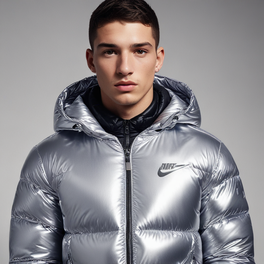 Male supermodel nike shiny puffer jacket bling jewellery hood