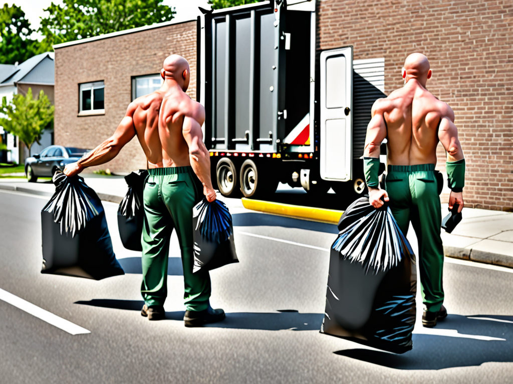 realistic handsome bald muscular garbagemen from behind carrying black ...