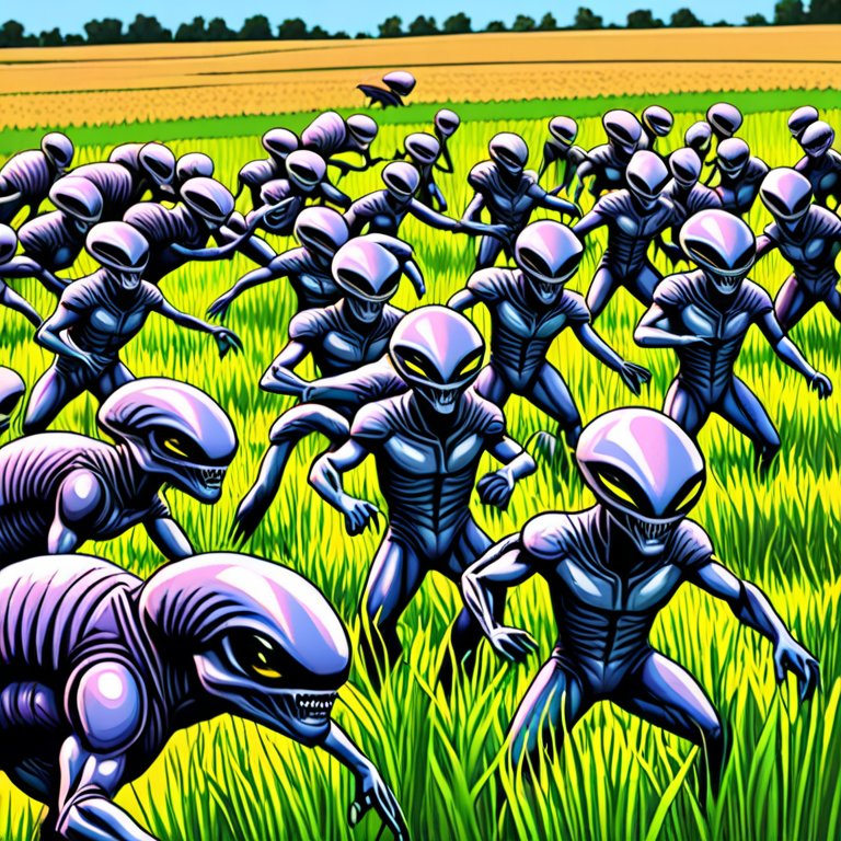 Alien horde, cartoon art style on a farm