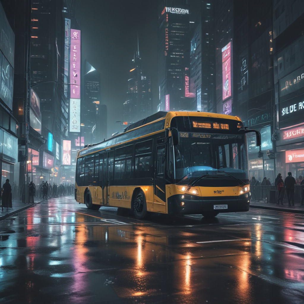 a bus is driving through the city, cyberpunk