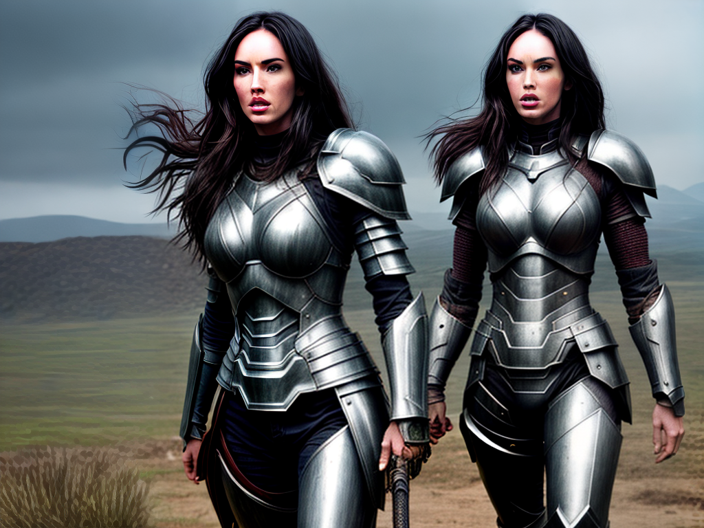 Megan Fox in a battle armor , iron , sword , shield