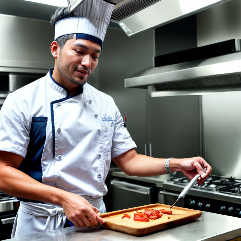 A chef in a professional kitchen checking the temperature of cooked ...