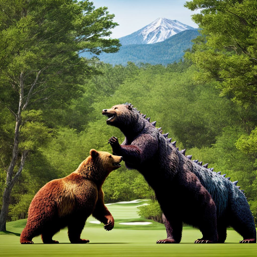godzilla playing golf in the woods with a brown bear as a gold caddy