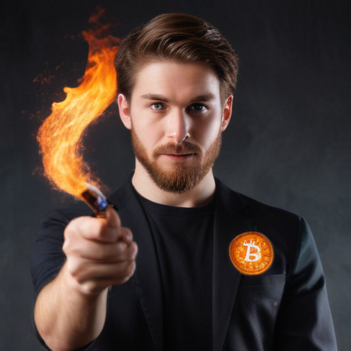 man with fire in one hand and bitcoin in other