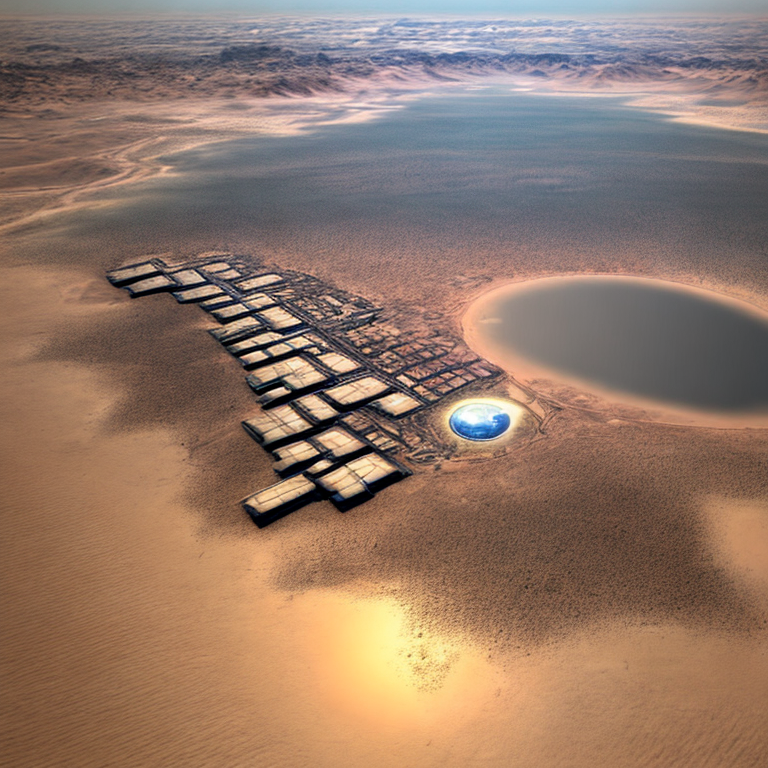human colonies on Mars, semi-aerial view, flying vehicles, futuristic ...