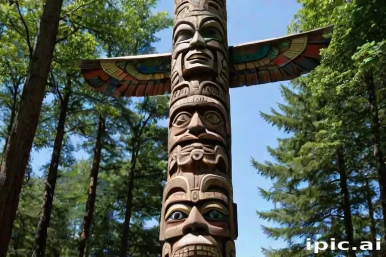 Intricate Totem Pole Surrounded by Lush Green Forest and Nature