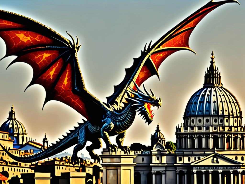 "In an epic scenario, an imposing dragon with outstretched wings hovers ...