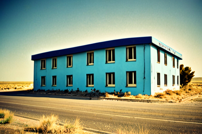 blue seedy hotel on deserted highway