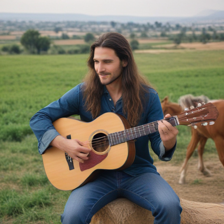 Spanish long haired man playing guitar, with traditional Spanish ...