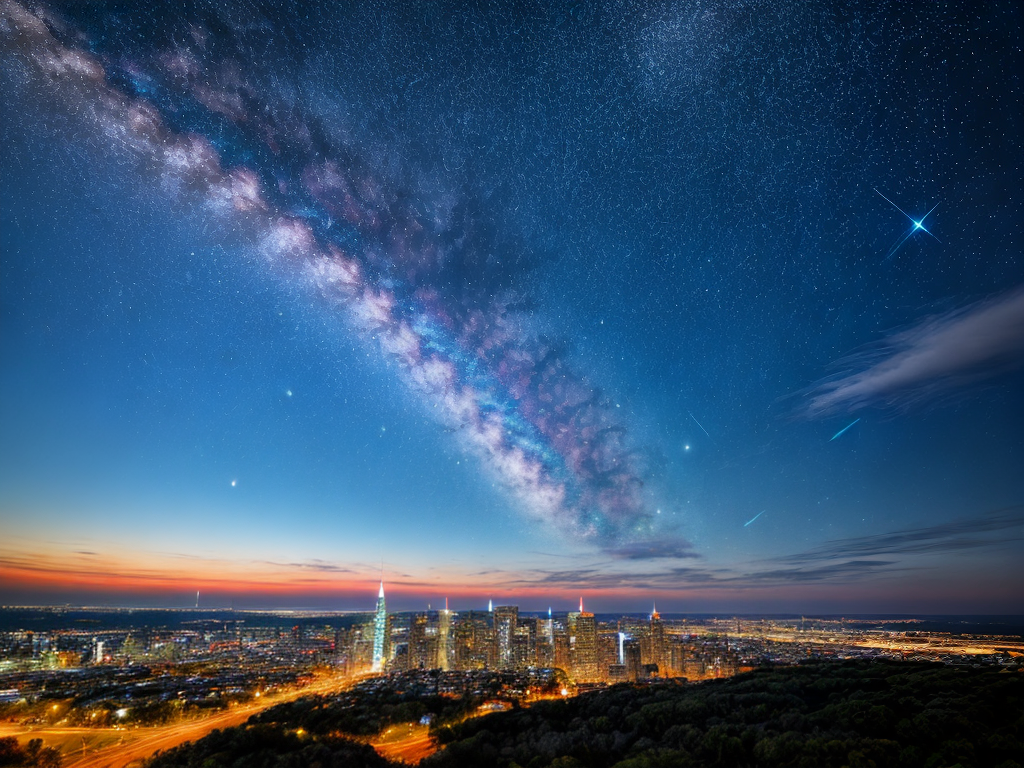 Colorful sky with falling stars wide view with some towers and lake