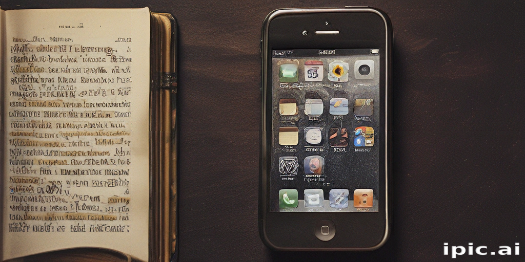 Old Smartphone Displaying Apps Next to Ancient Manuscript on Table