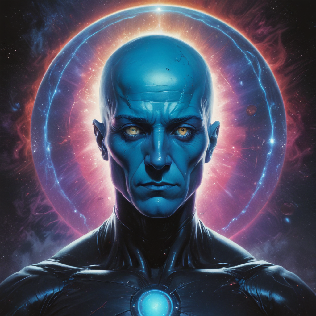 Dr manhattan in the future like a talisman with insane colors in space