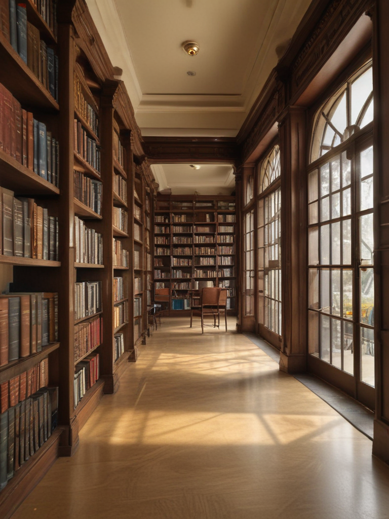 Cozy Library Corridor with Bookshelves and Sunlit Reading Nook