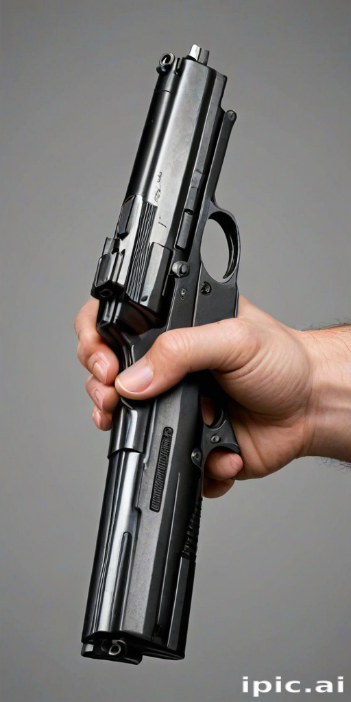 Close-Up of a Hand Holding a Modern Semi-Automatic Handgun