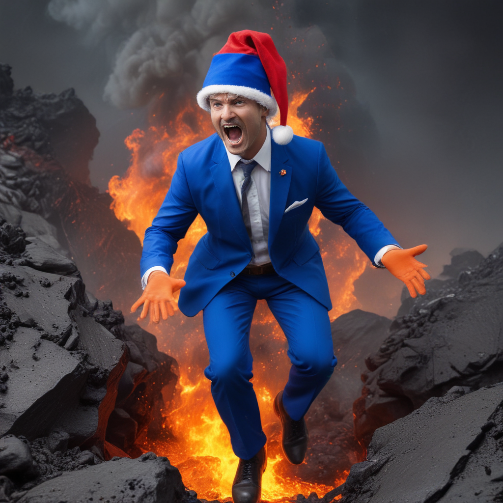 man in blue suit and blue santa hat falling into lava