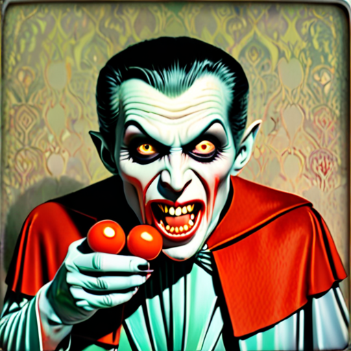 Photo realistic mid century pastel vampire eating tomatoes