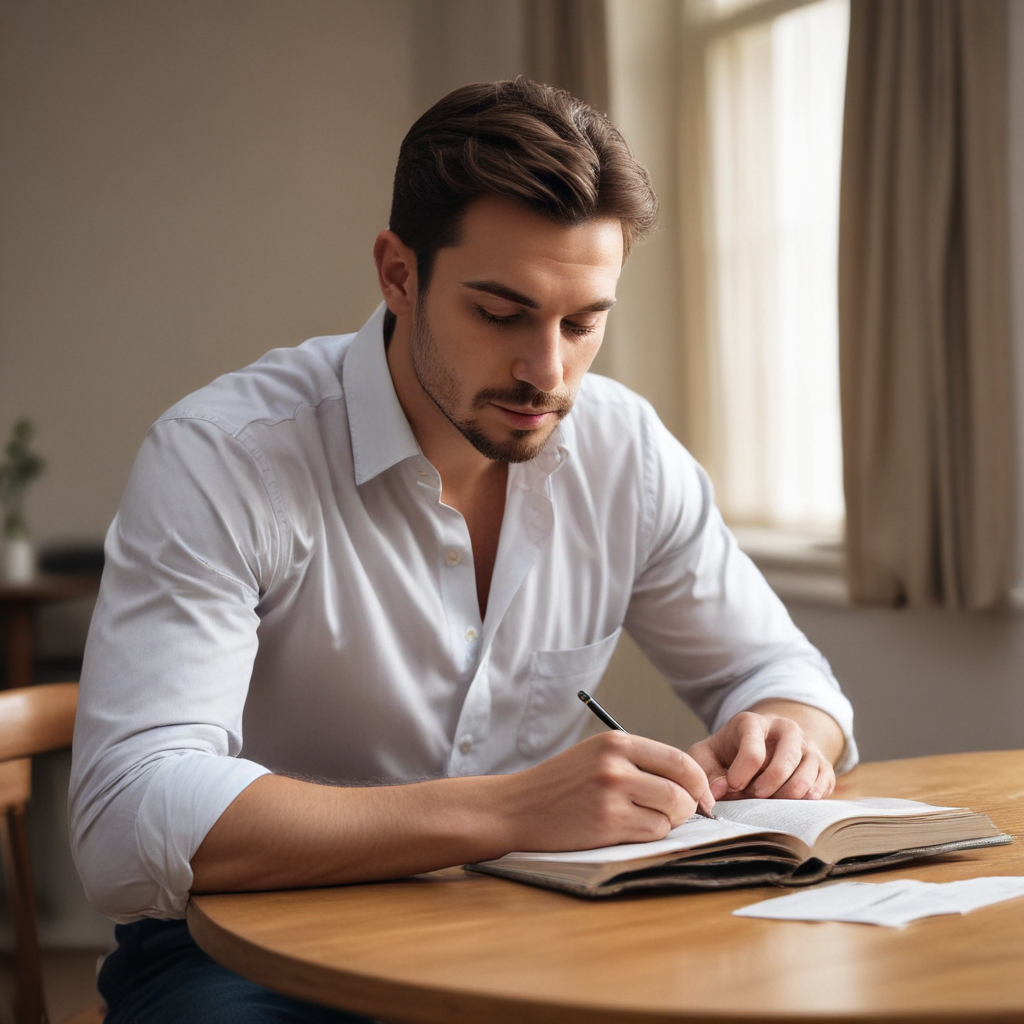 a man sitting in a table reading a book