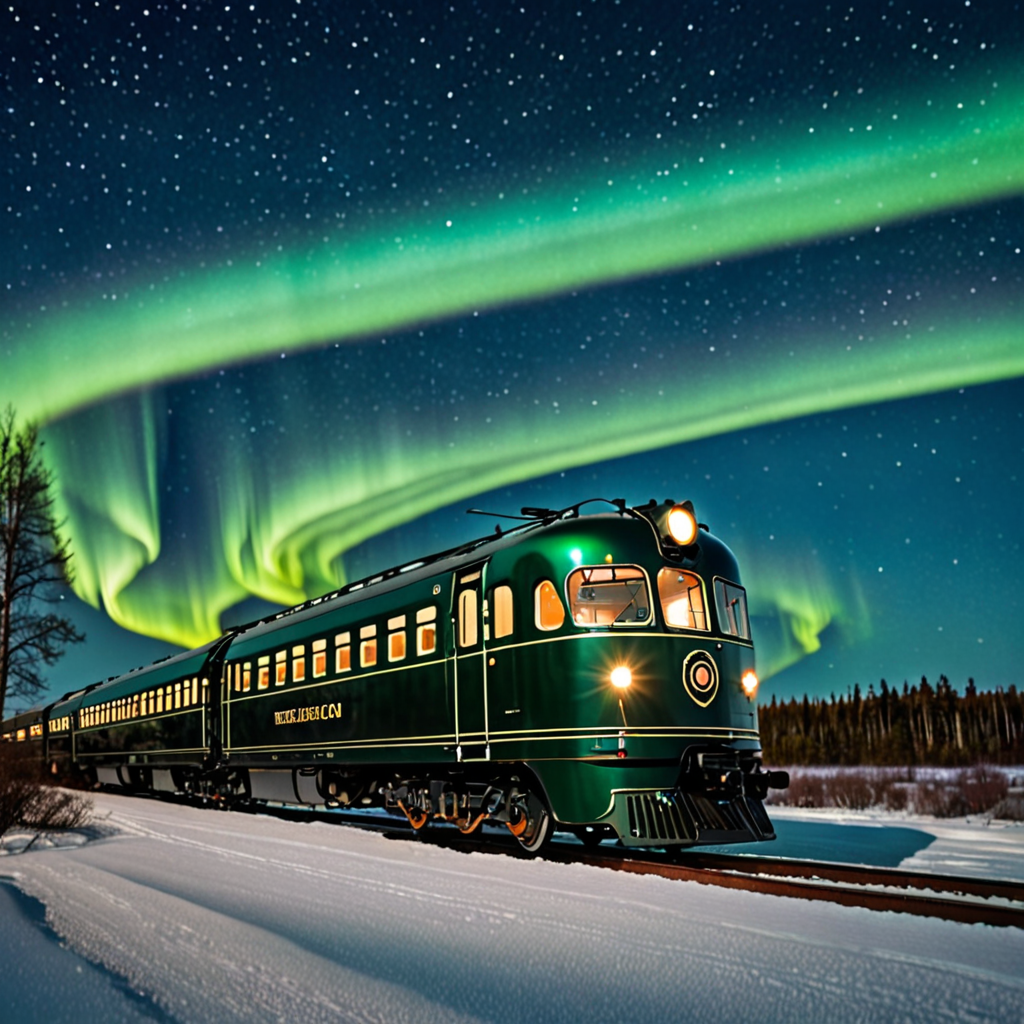 art deco streamline train in sky with northern lights