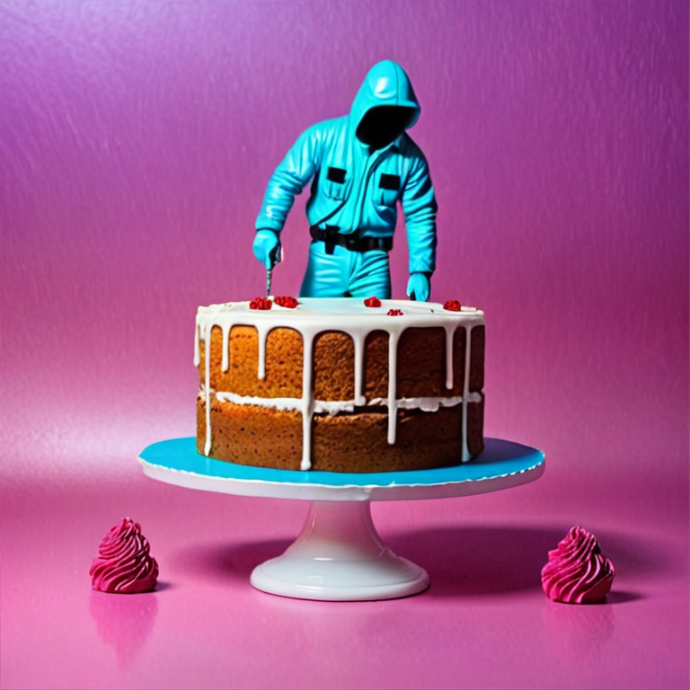 A cake watching a crime scene in synthwave style