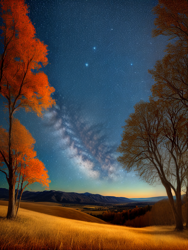 A clear autumn night, light over the landscape