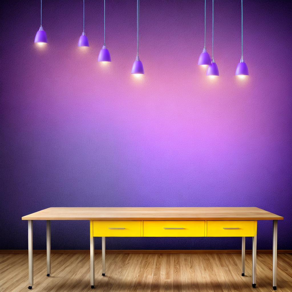 wooden studio background with wide empty desk, 2 spotlights (purple ...