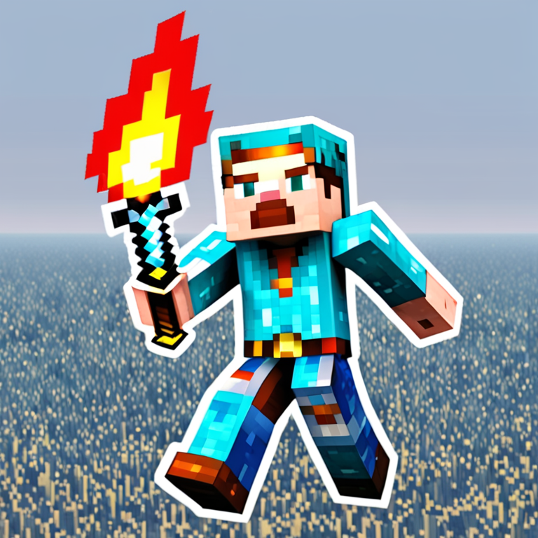 Minecraft Steve attacking the Minecraft warden with a flaming sword.