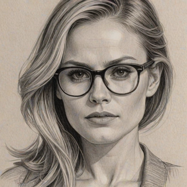 Detailed Portrait of a Young Woman with Glasses and Flowing Hair