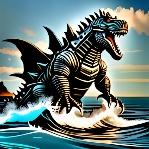 Steampunk godzilla coming out of the ocean