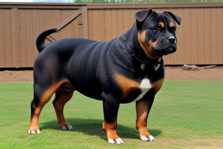 A Playful and Strong Rottweiler Mix Standing Proudly in a Green Yard.