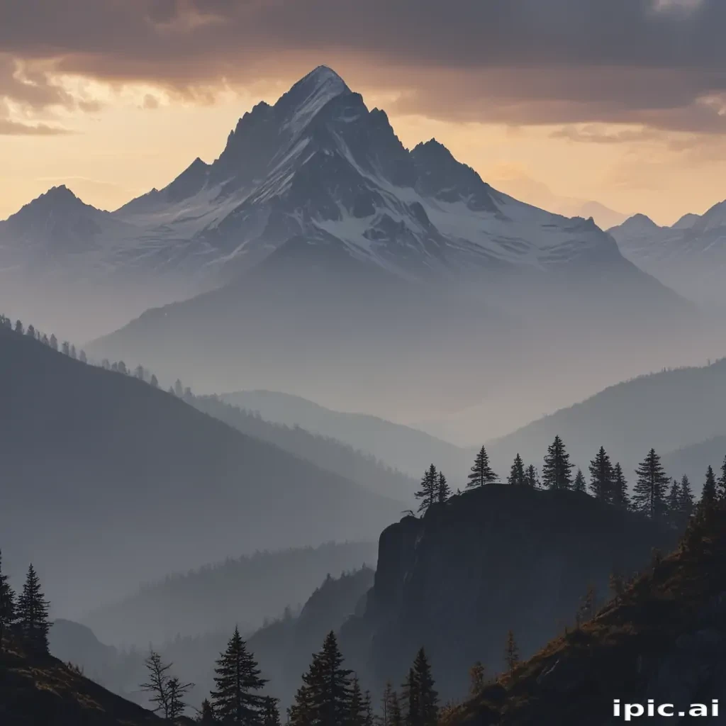 Majestic Mountain Peaks Surrounded by Misty Hills at Golden Hour Sunset.