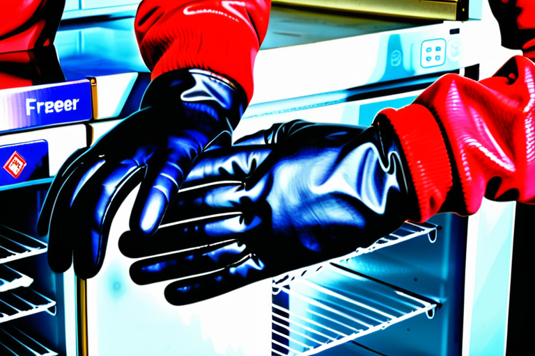 Hands in Blue Gloves Forming a Gesture Inside an Ice Cream Freezer