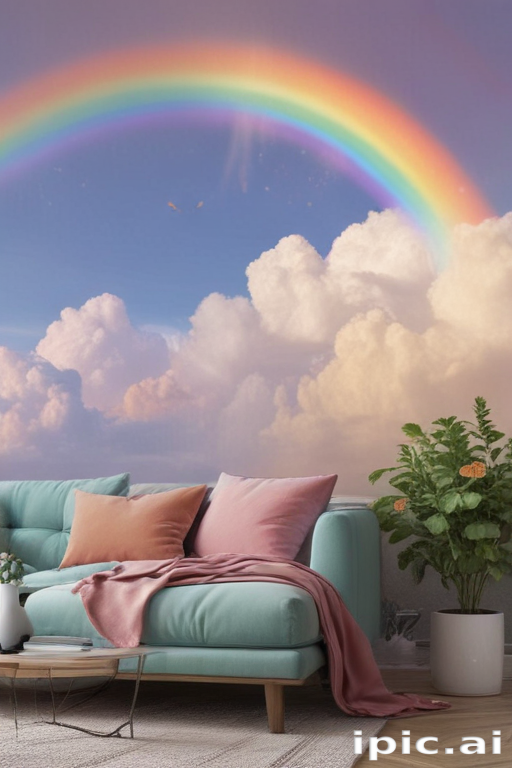 Cozy Living Room with Soft Colors and a Beautiful Rainbow Background