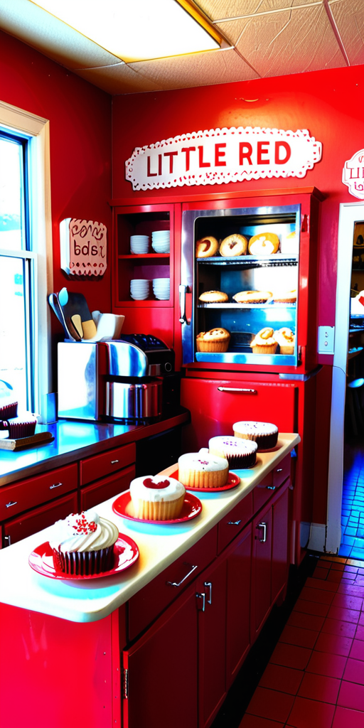 Charming Little Red Kitchen Featuring a Delightful Bake Shop Display