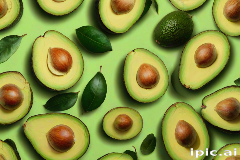 A Vibrant Arrangement of Fresh Avocados with Leaves on a Green Background