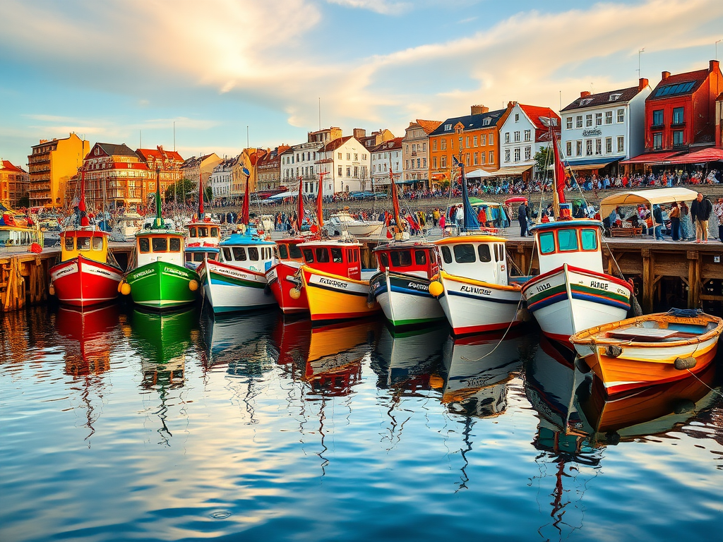 Capture a vibrant coastal harbor scene with colorful fishing boats ...