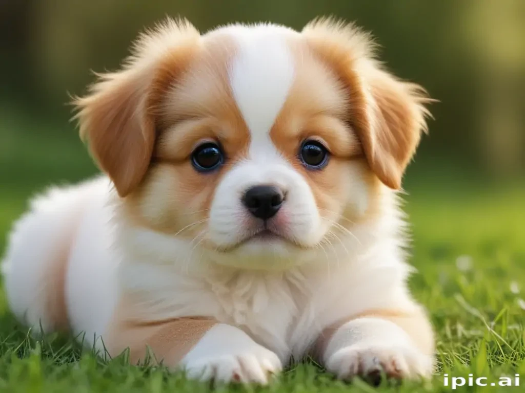 Adorable Fluffy Puppy with Big Eyes Relaxing on the Green Grass.