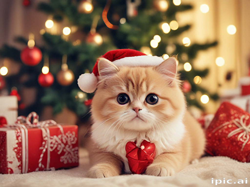 Adorable Cat in Santa Hat Surrounded by Christmas Decorations and Gifts