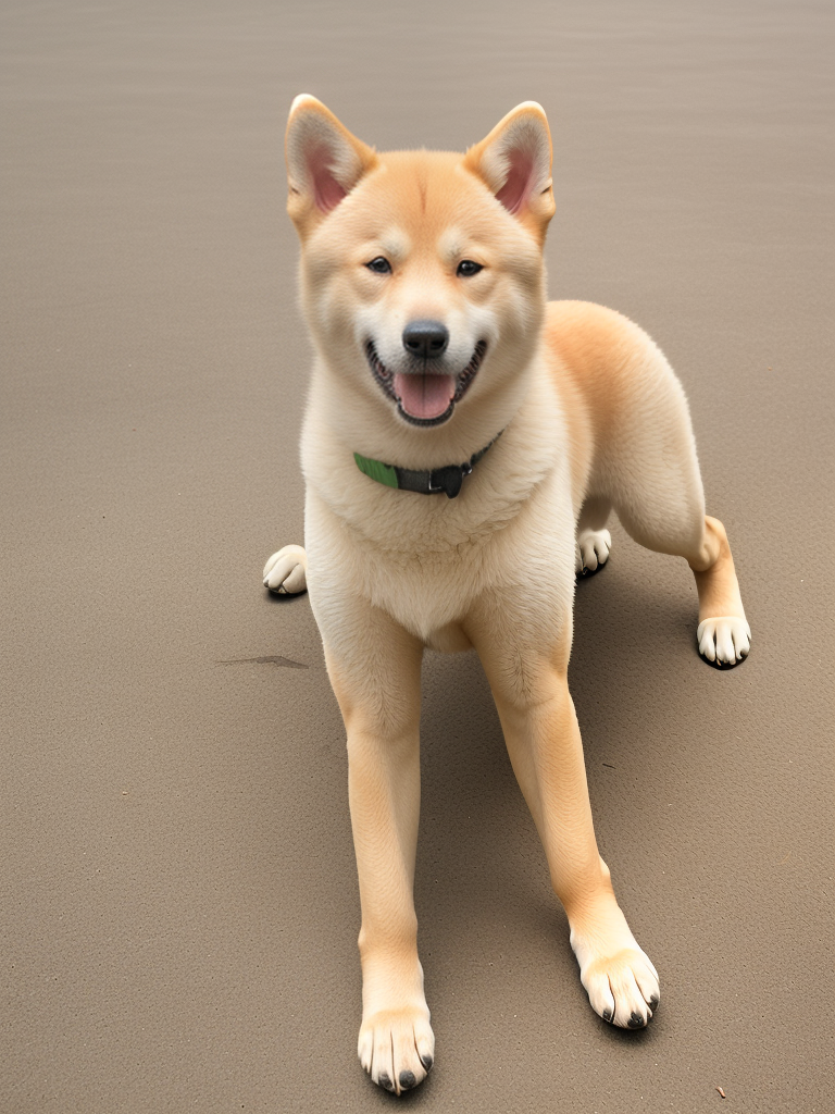 A Happy Shiba Inu Dog Sitting Playfully on the Beach Sand.
