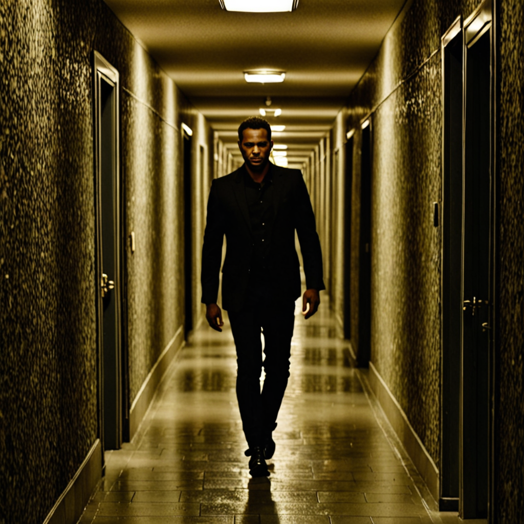 uncanny man in dark hallway