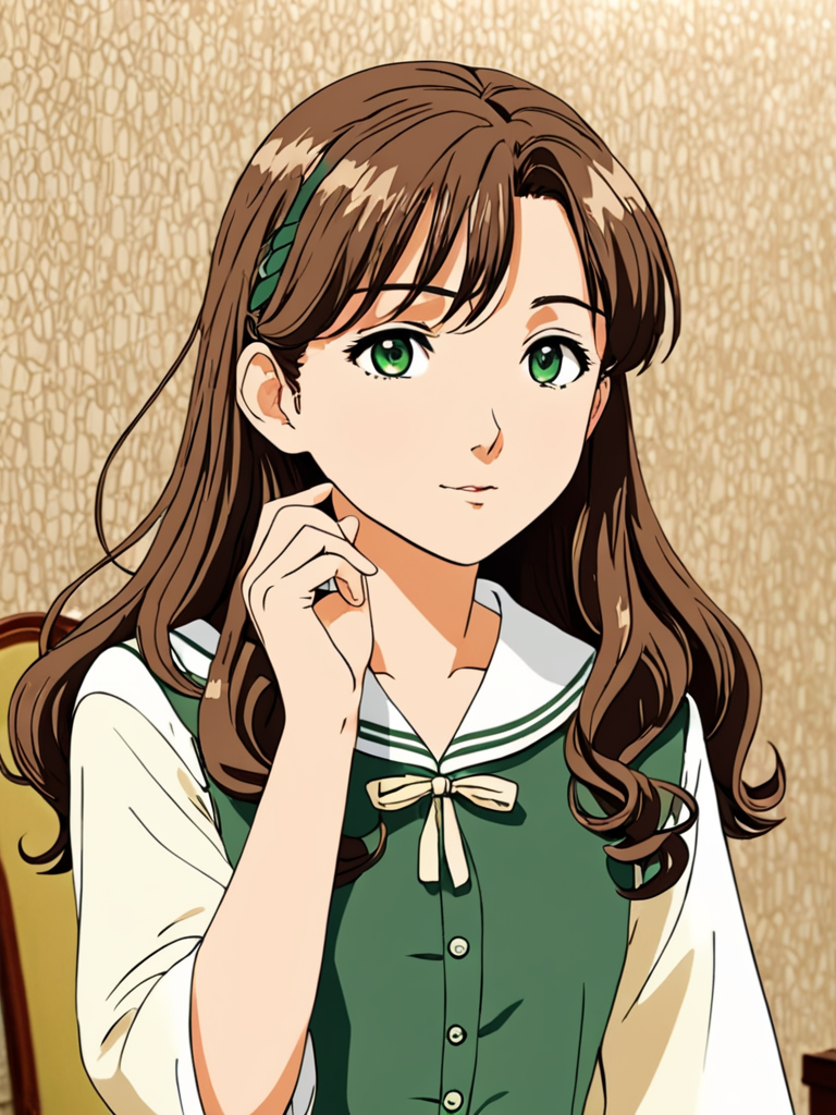 girl, manga, ghibli, cute, anime, long curly brown hair, dark green ...