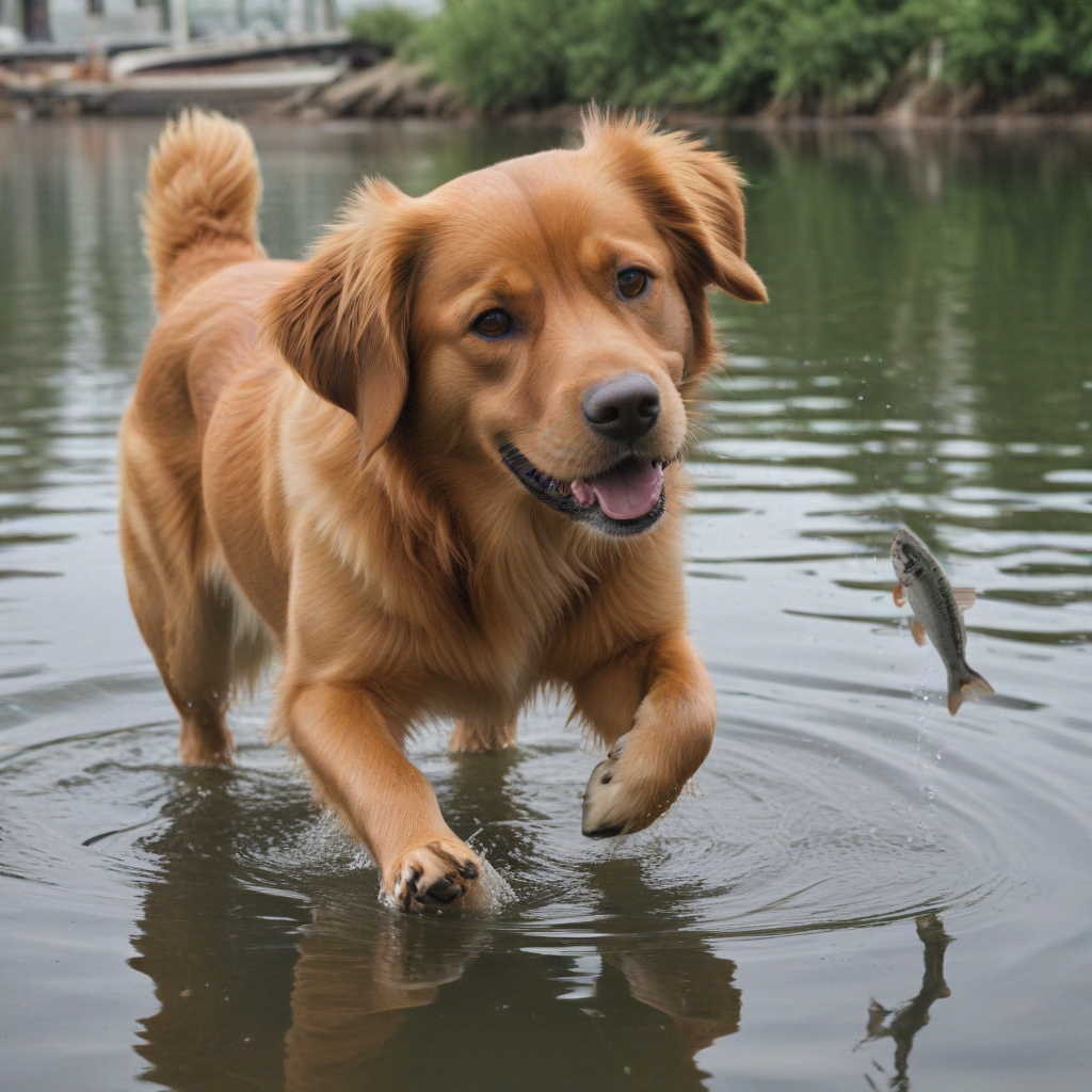 dogs plays with fish
