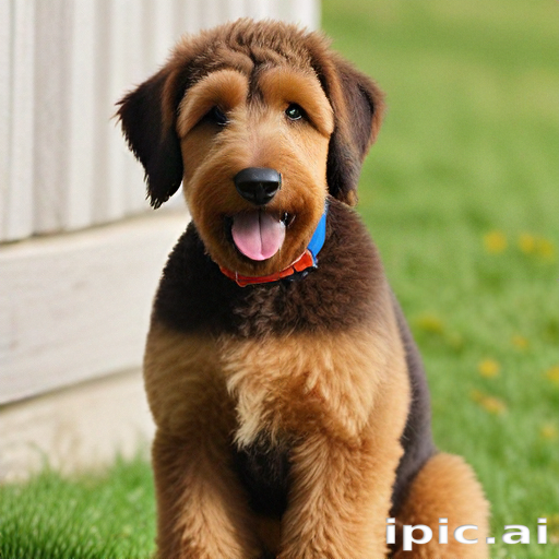 Adorable Puppy with Fluffy Fur Sitting Happily in the Grass Outdoors.