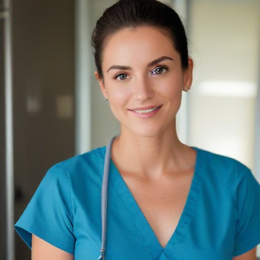 A nurse with her hair pulled out of her face and cute scrubs