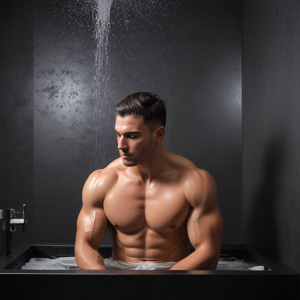 a muscular man washing himself in a black luxury bathroom, there's ...