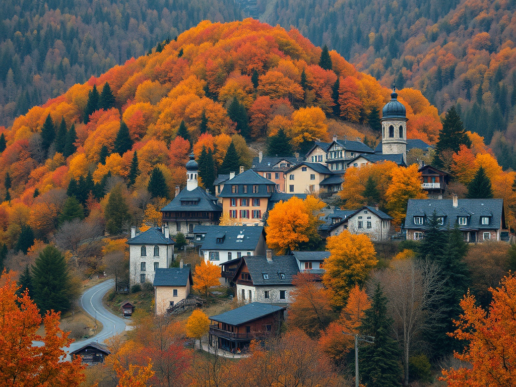 Charming Autumn Village Nestled Among Vibrant Orange and Yellow Trees.