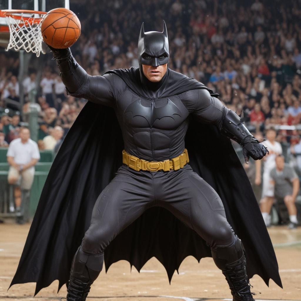 Batman playing basketball over a baseball game