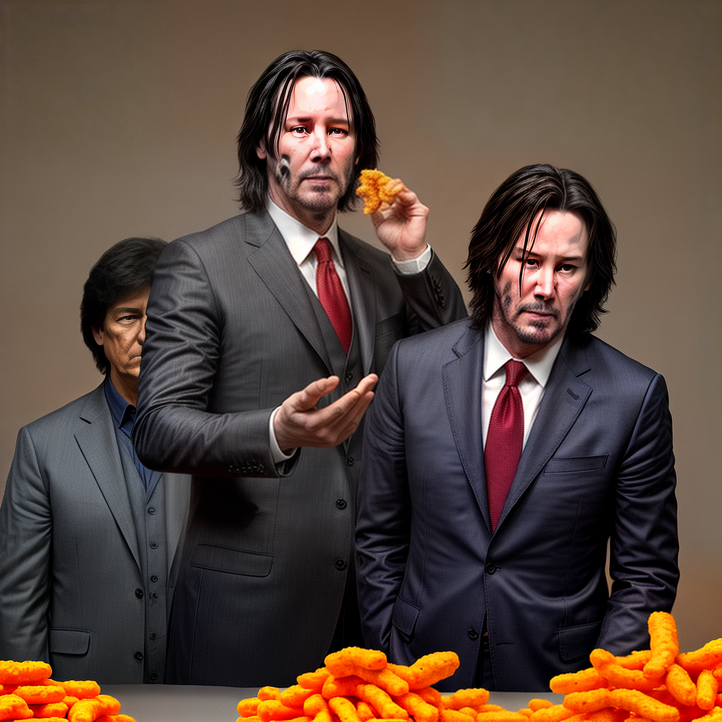 Keanu reeves eating Cheetos out of Trump’s open skull